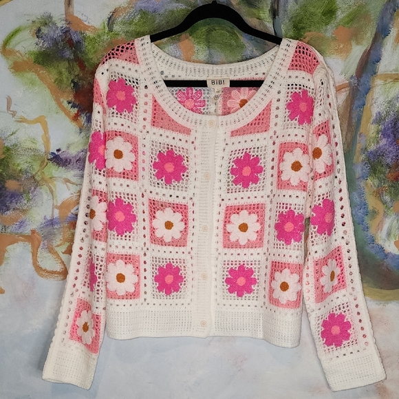 BiBi | Sweaters | Bibi Pink And White Crochet Cardigan With Vintage ...